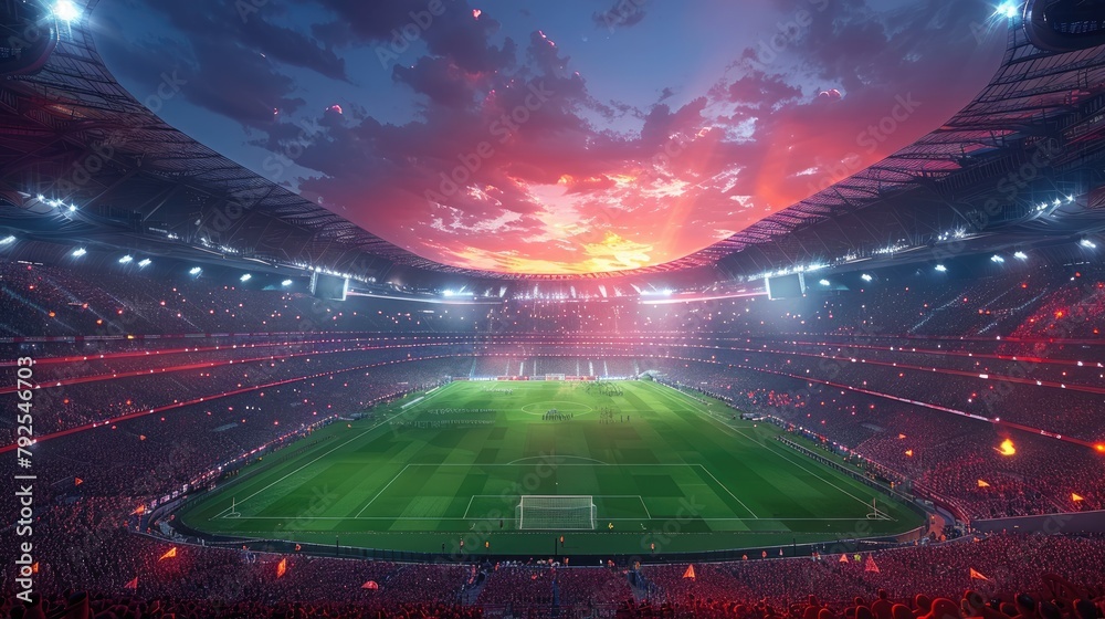 A football stadium lights up the night sky as the green pitch gleams ...