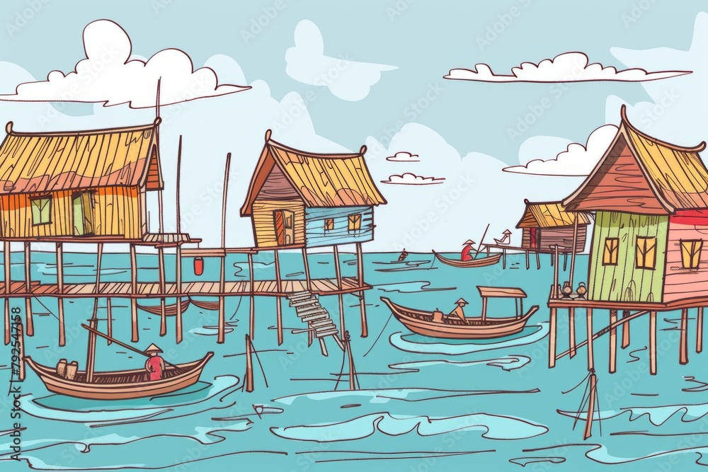Cartoon cute doodles of a floating village with houses built on stilts ...