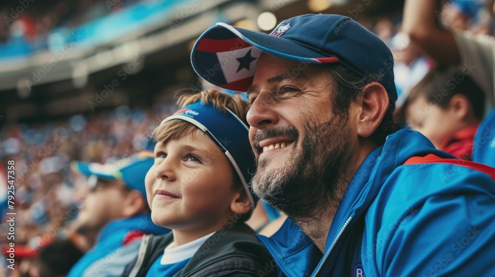 candid photo of French father and son in stands, filled with ...