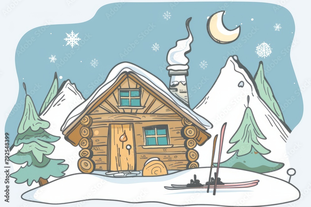 Cartoon cute doodles of a mountain chalet with a snowy roof, a cozy ...