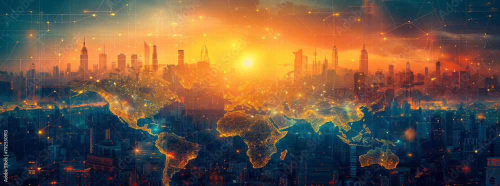 Global Network: Map with connecting lines, screens with landmarks ...