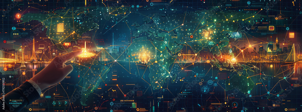 Global Network: Map with connecting lines, screens with landmarks ...
