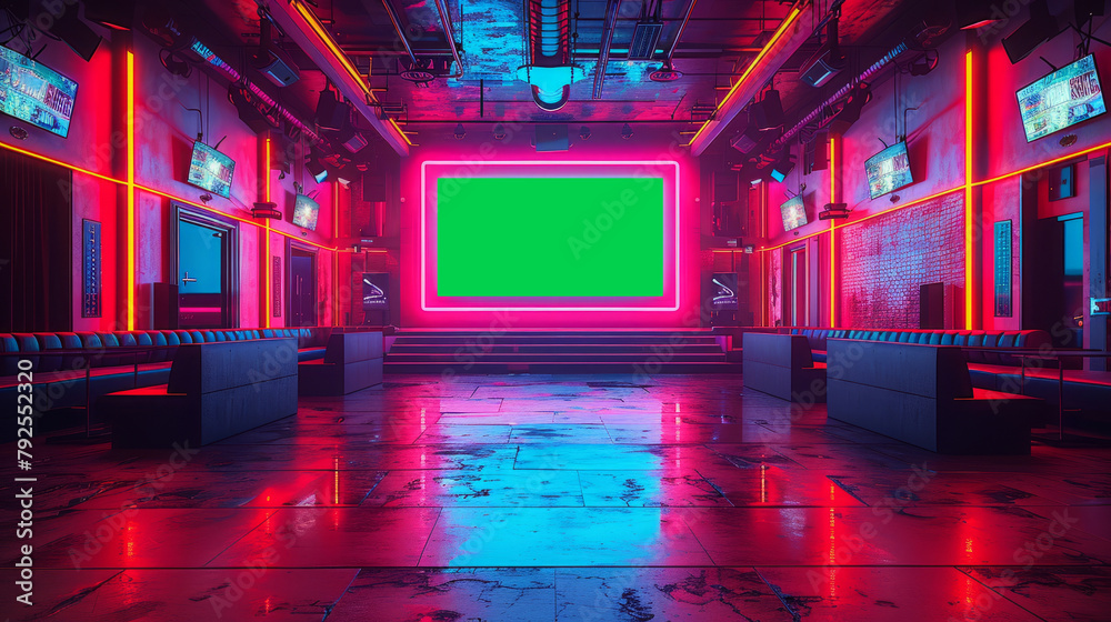 Dynamic club setting with prominent stage and massive green screen ...