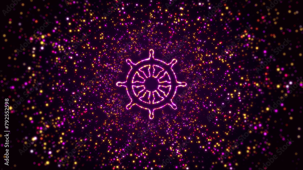 Abstract Digital Space Dark Shiny Purple Yellow Glowing Dharma Wheel ...