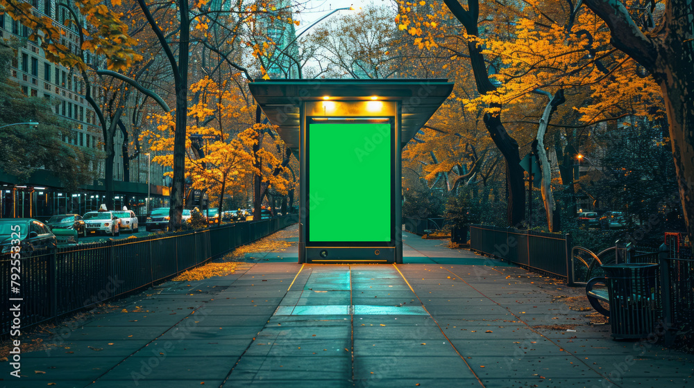 Bus stop in New York city with vertical digital OOH mockup with green ...