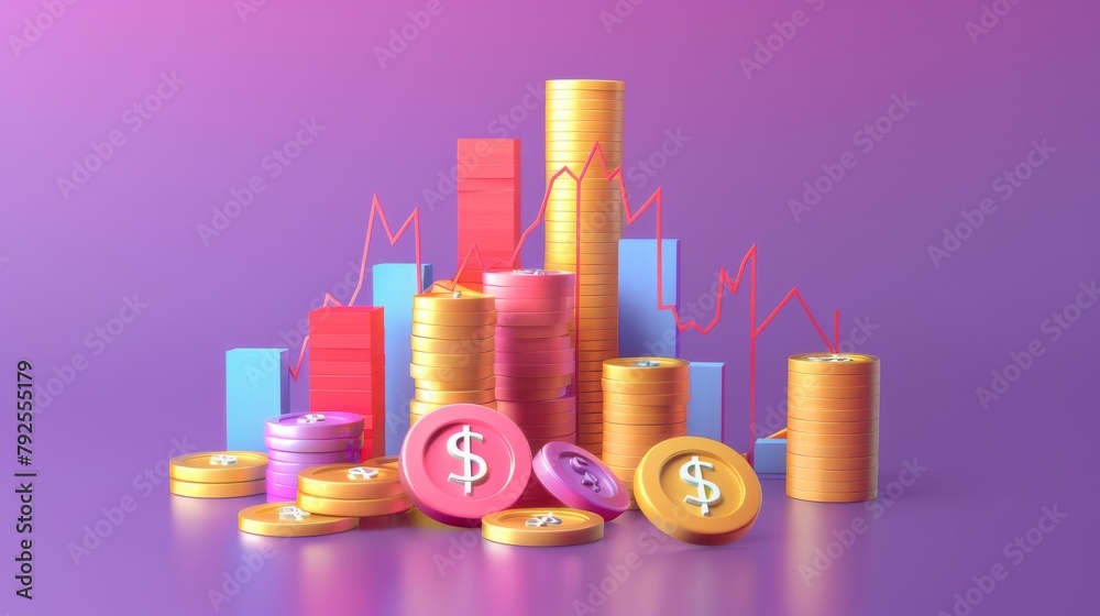 3D trade graph shows market trends. Sell and buy cash and exchange for ...