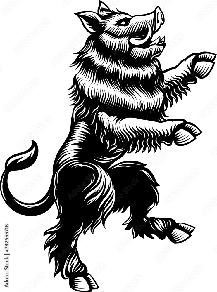 A boar wild hog razorback warthog pig animal for crest in rampant pose ...