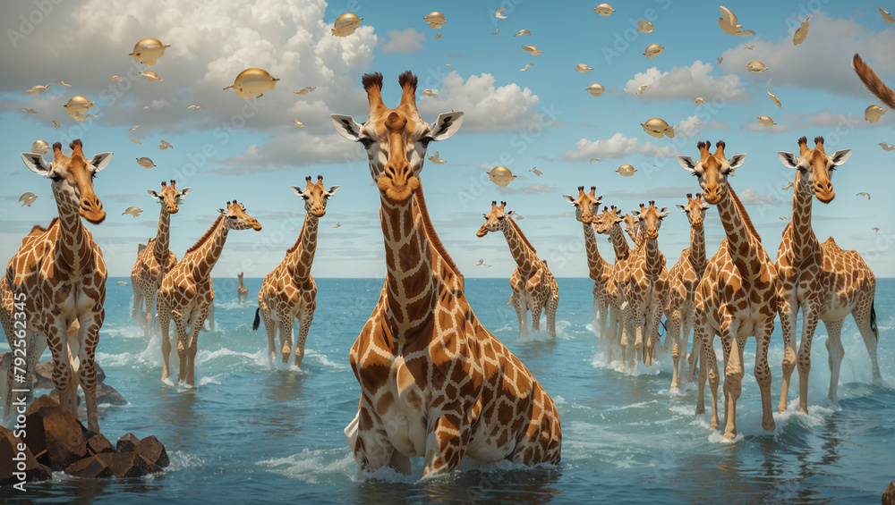 A giraffe is standing in the middle of the ocean. The water is up to ...