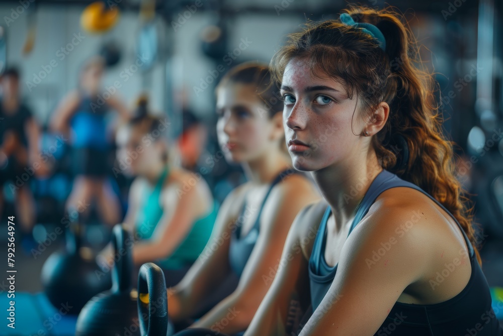 Active youth training at a gym doing kettlebell squats. Focused ...