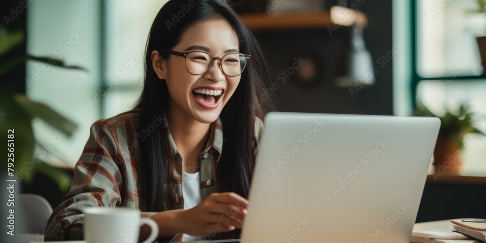 Asian woman, laptop, and celebration fist for office happiness ...
