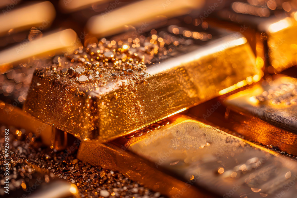A pile of gold bars with a shiny, reflective surface. The bars are ...