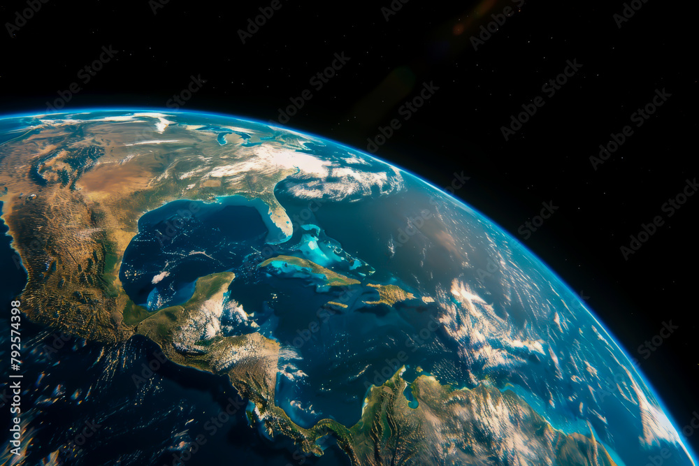 A close up of the Earth from space. The planet is a beautiful blue and ...