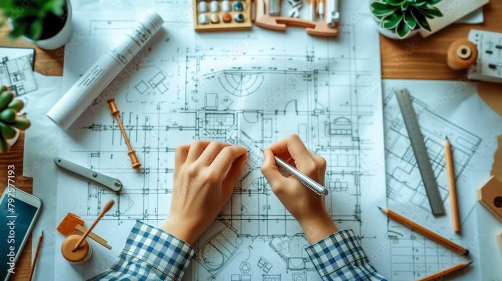 An architect's hand sketches fluid lines on a blueprint, surrounded by ...