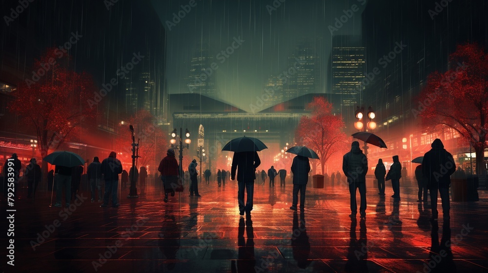 Beautiful rain scene, people finding joy in the downpour, umbrellas and ...