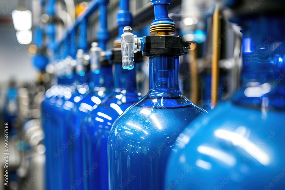 Blue oxygen tanks. Bundle of gas cylinder and high pressure gauges ...