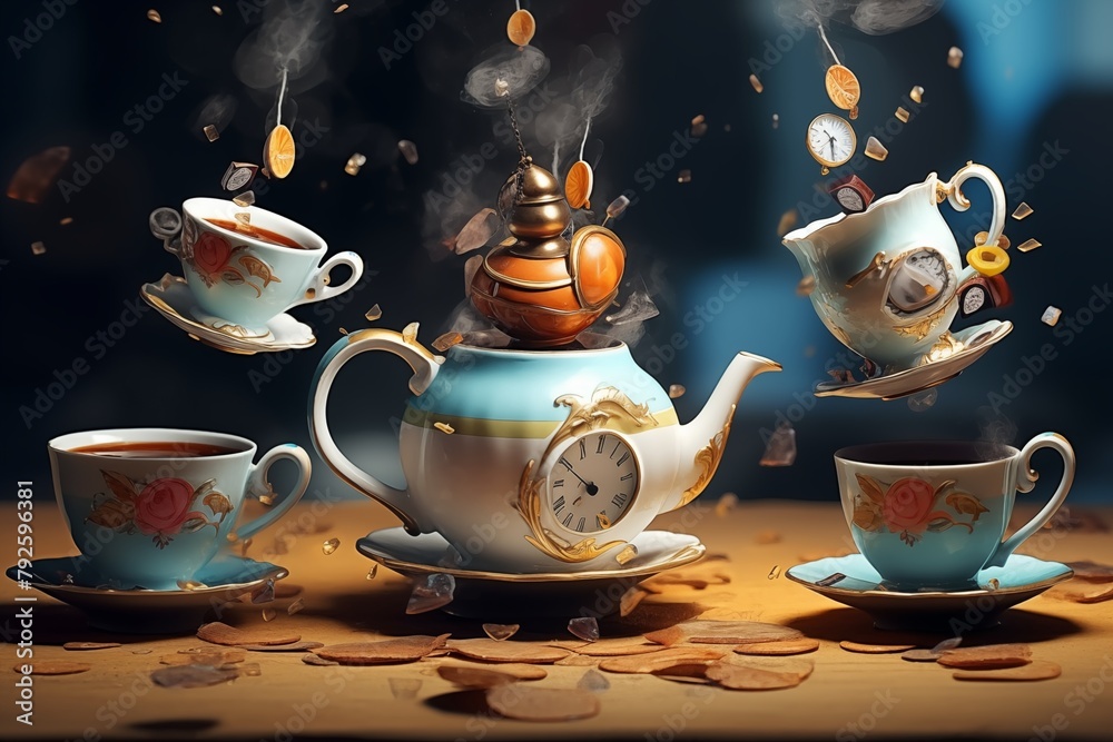 scene from Alice in Wonderland with flying teapots and cups. Tea ...