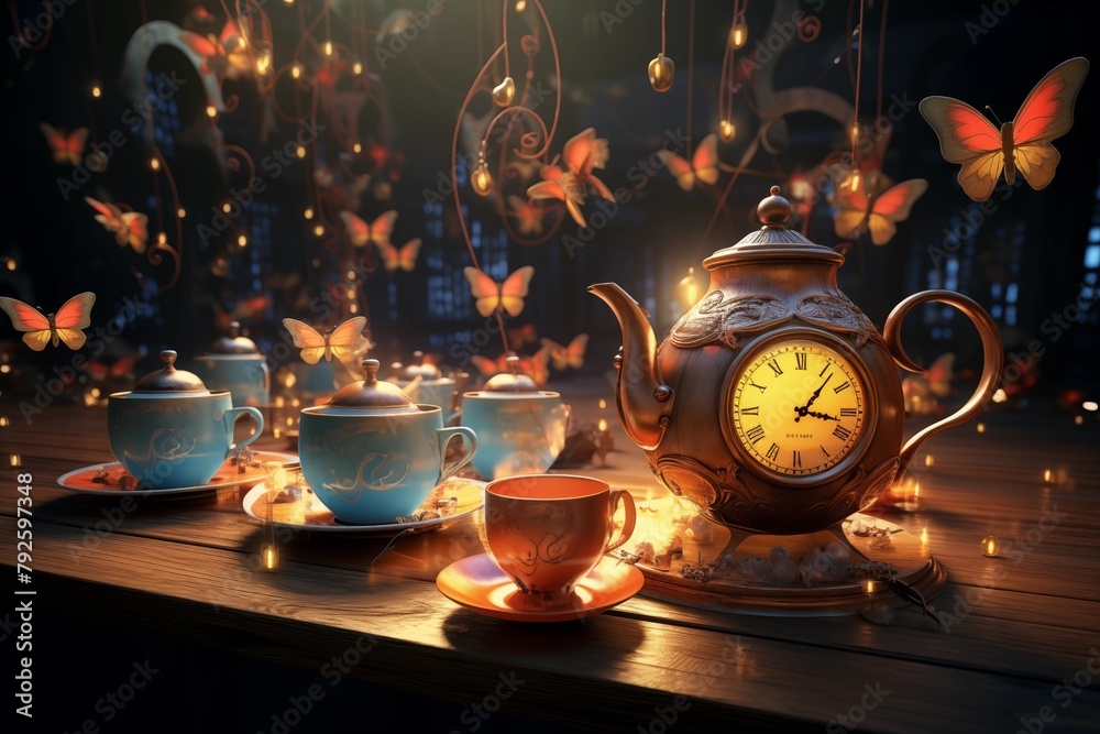 scene from Alice in Wonderland with flying teapots and cups. Tea ...