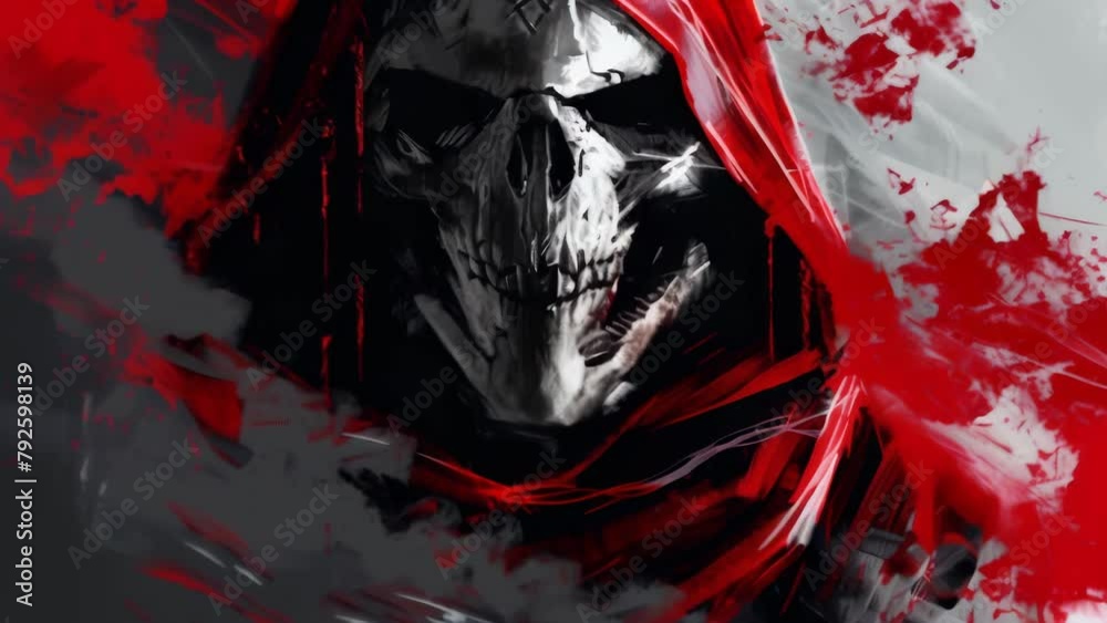 The Grim Reaper wearing a red hood and baring sharp fangs. His red eyes ...