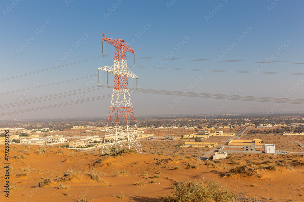 Desert landscape with Al Digdaga village in Ras al Khaimah, UAE, golden ...