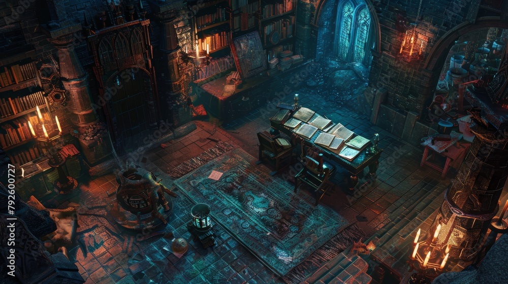 Majestic view of secluded study chambers lined with tomes of forbidden ...