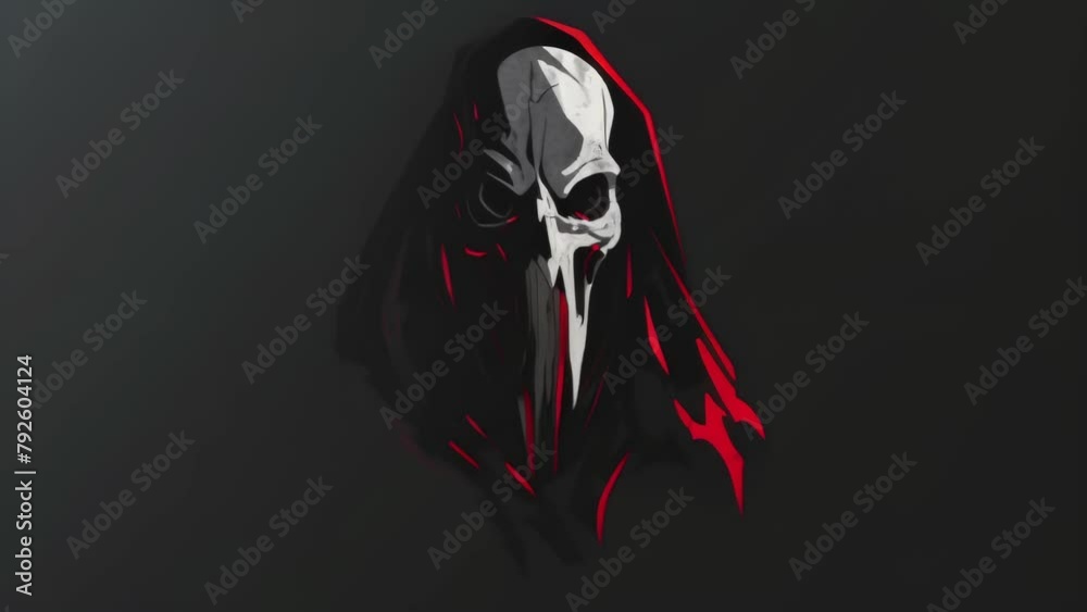 The Grim Reaper wearing a red hood and baring sharp fangs. His red eyes glow against the black ...