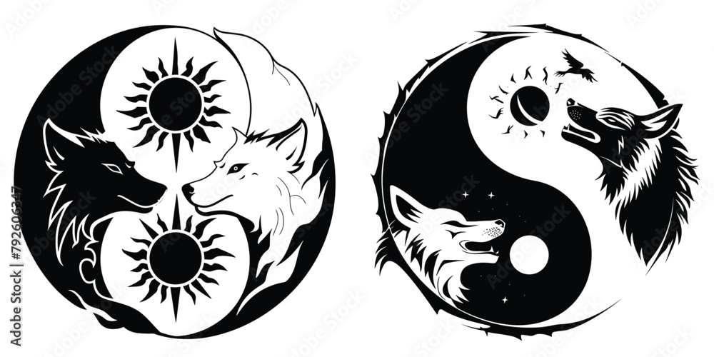 yin-yang symbol with an image of two wolves howling at each other ...