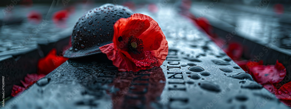 Macro shot of a poppy placed thoughtfully in a soldier's helmet on a ...