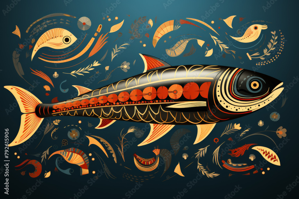 Colorful folk art style illustration of fish with floral patterns Stock ...