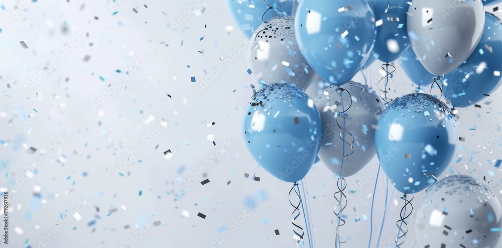 Light blue balloons and silver confetti on a light background Stock ...