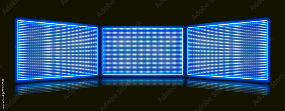 Realistic Stage with Three LED Screens Featuring Neon Blue and White ...