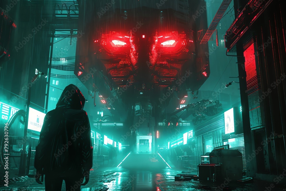 Immerse viewers in a dystopian future with towering metallic structures ...