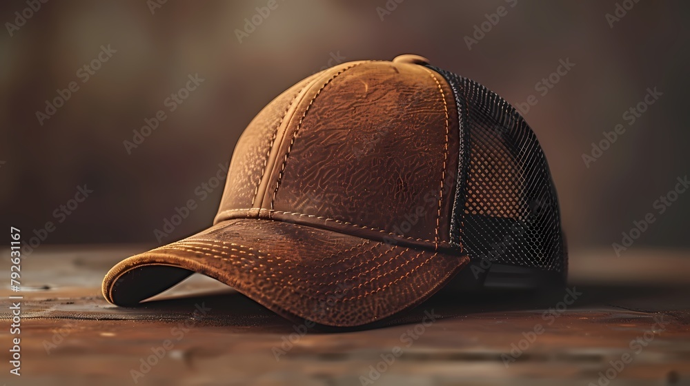 A vintage-inspired trucker cap mockup on a solid brown background ...