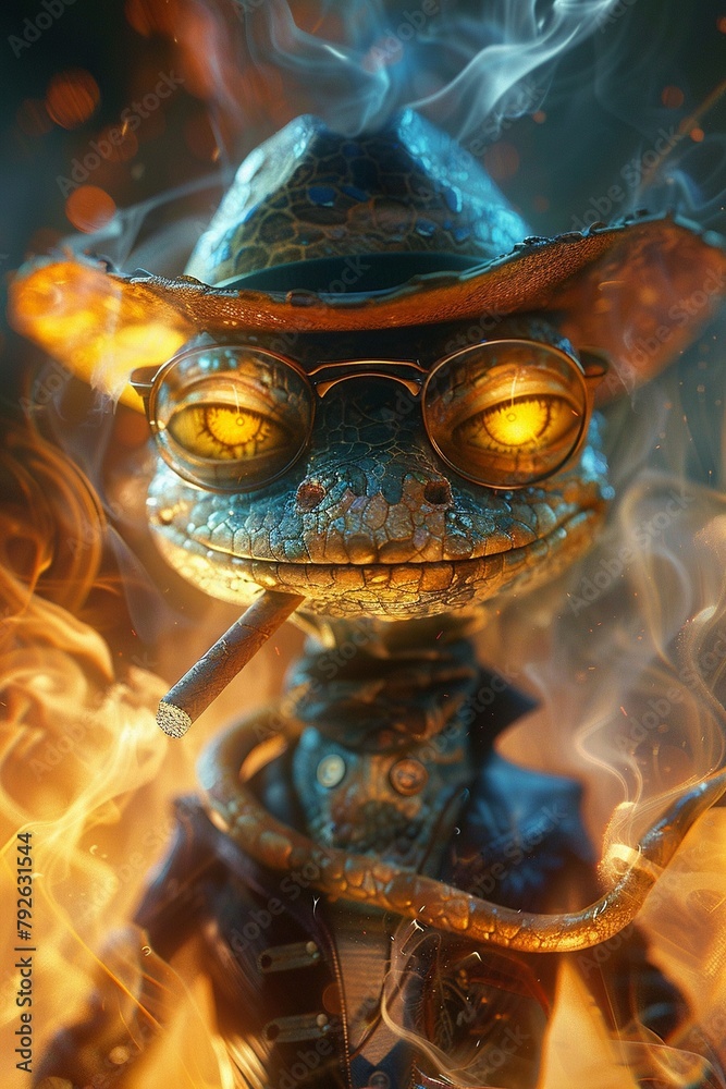 3D animation Rango, a desert lizard, wears dark glasses, a cowboy hat ...
