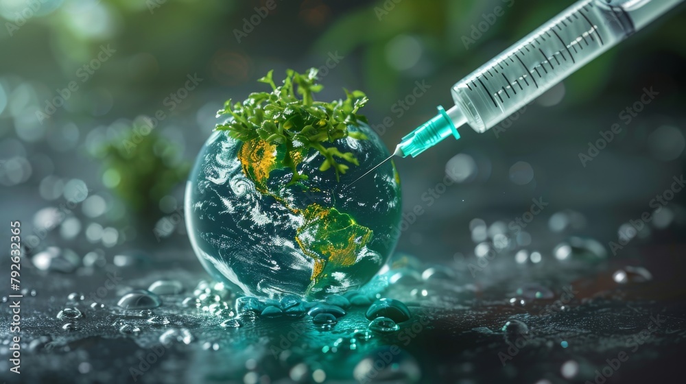 Syringe injecting into a globe with green plant highlighting ecological ...