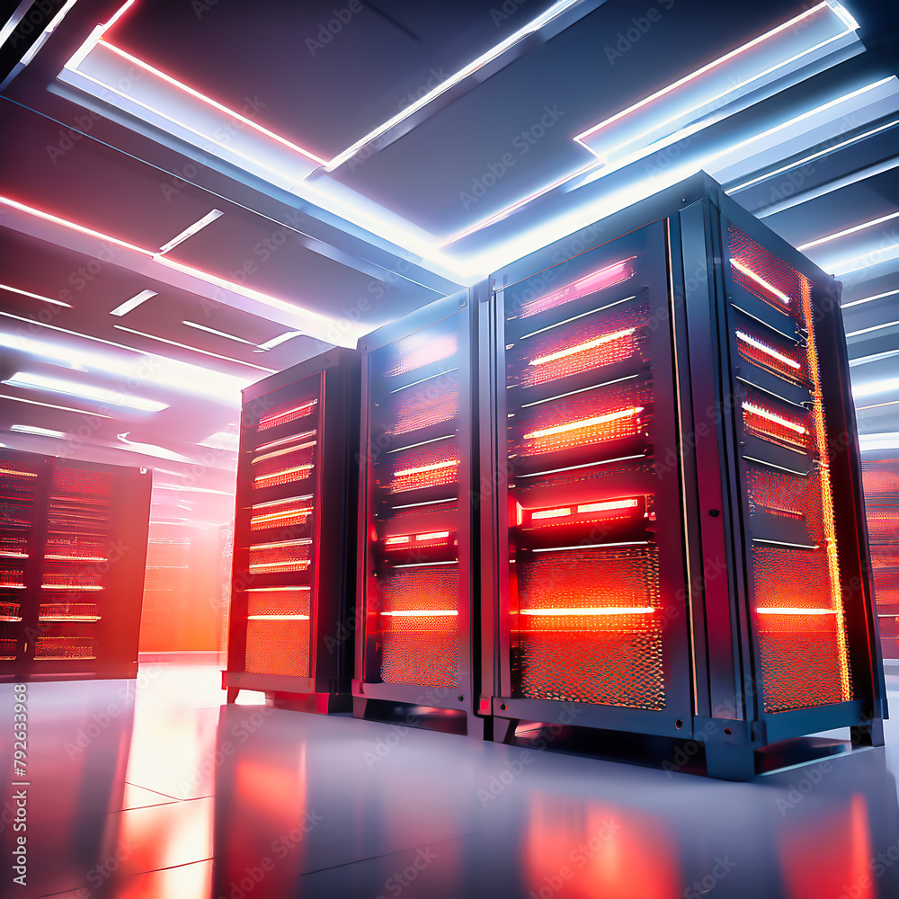 Server room with server cabinets, digitalis for host PC. Management and ...