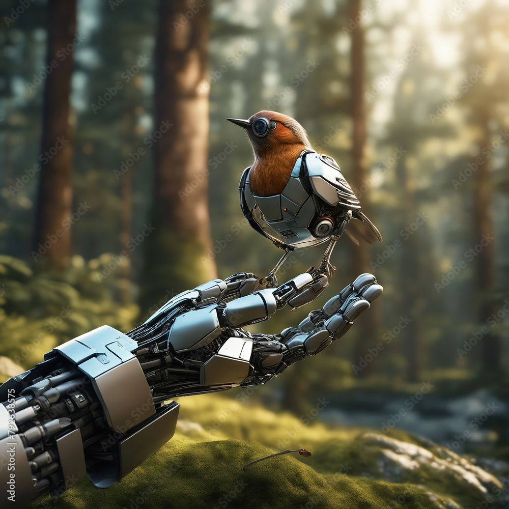 Robot sits in the forest with a robin. Future fantasy in which ...