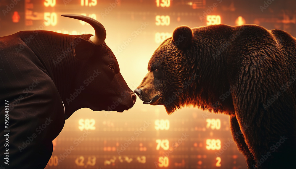 Bull versus bear in suits facing each other, trading on stock market ...