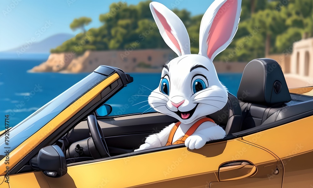 wallpaper for children, representing a rabbit at the wheel of a ...