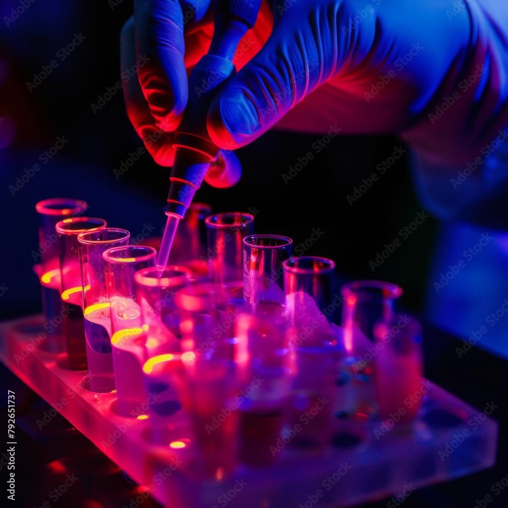 A closeup of a scientists hands pipetting a glowing, fluorescent liquid ...
