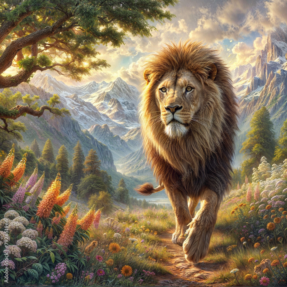 painting of a lion walking through a mountain landscape with flowers, aslan the lion, king of ...