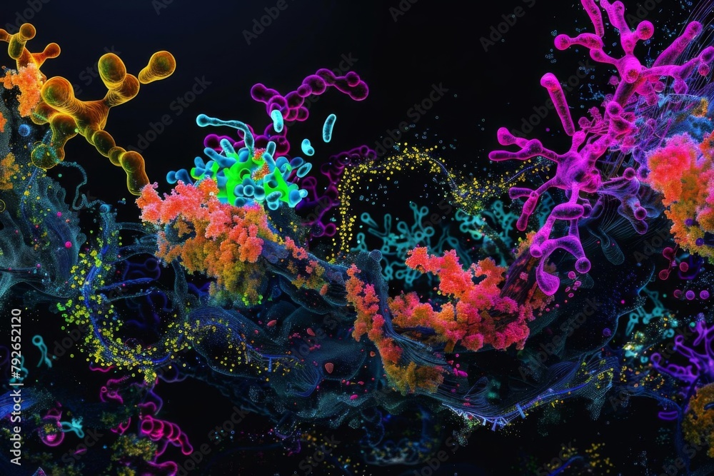 A computer-generated image of enzyme structures and substrates ...