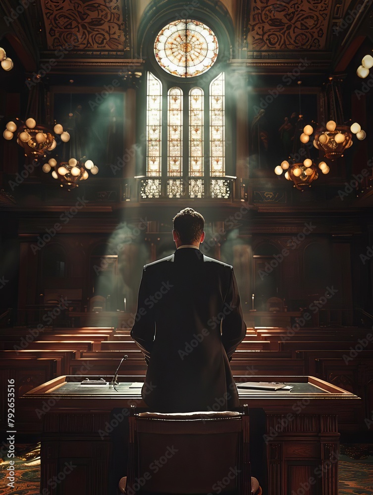 In a majestic courtroom bathed in powerful overhead lighting, a ...