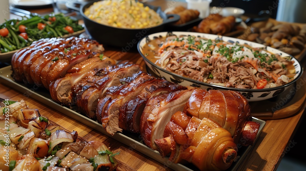 A Filipino feast featuring lechon, adobo, and halohalo, served at a ...