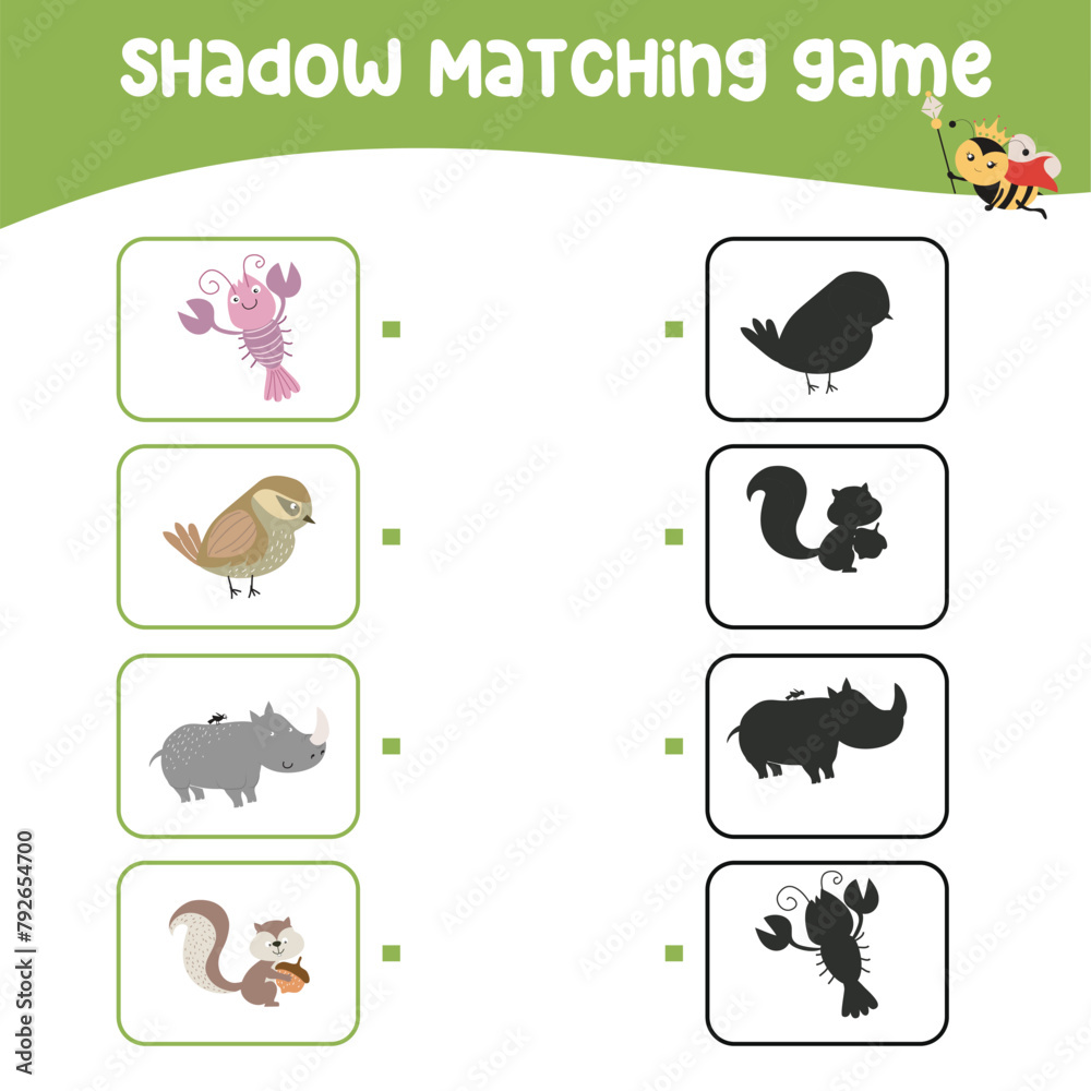Matching shadow game for children. Find the correct shadow. Worksheet ...