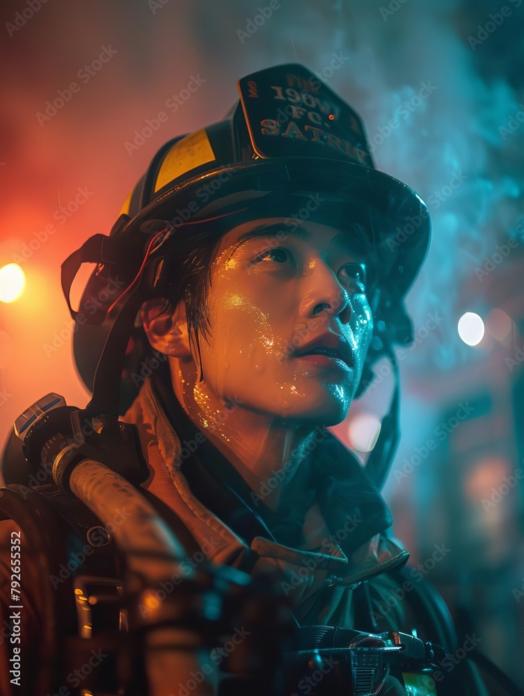 In a fire station bathed in vibrant artificial light with smoke curling ...