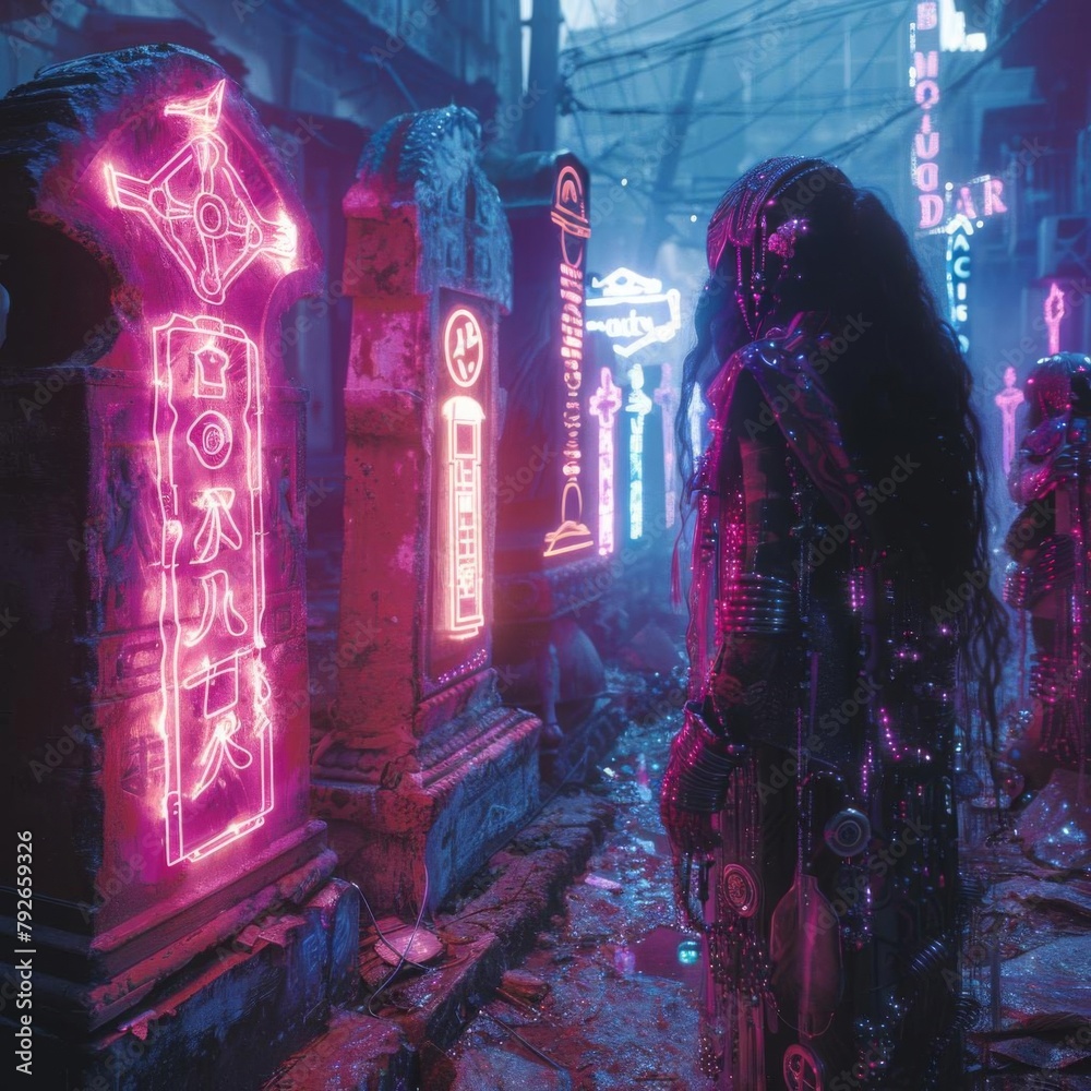 An avantgarde film scene set in a neon graveyard, where characters ...
