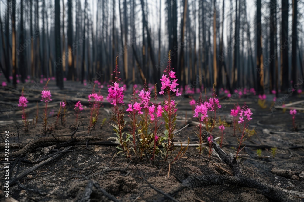 Pink flowers fireweed resiliently blooming in a post-wildfire landscape ...