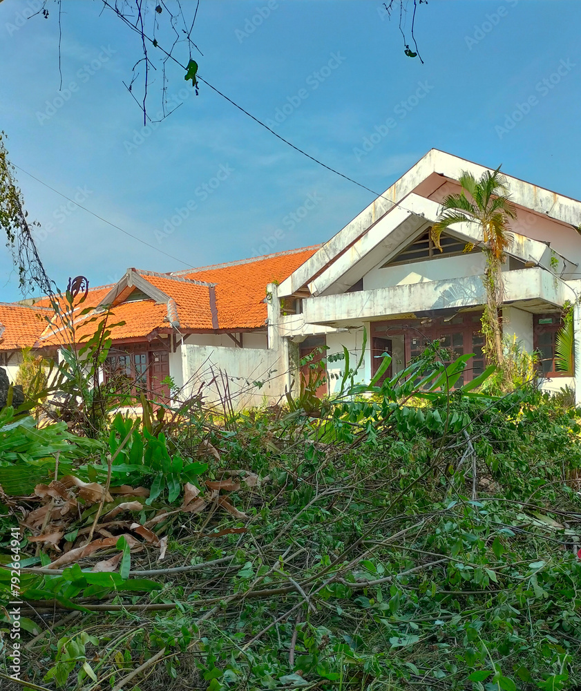 Selective focus. Old abandoned ruined house in dead village. Deserted ...