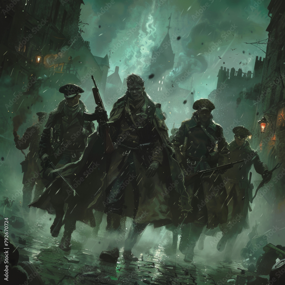 A group of soldiers are running through a city in the rain. The ...