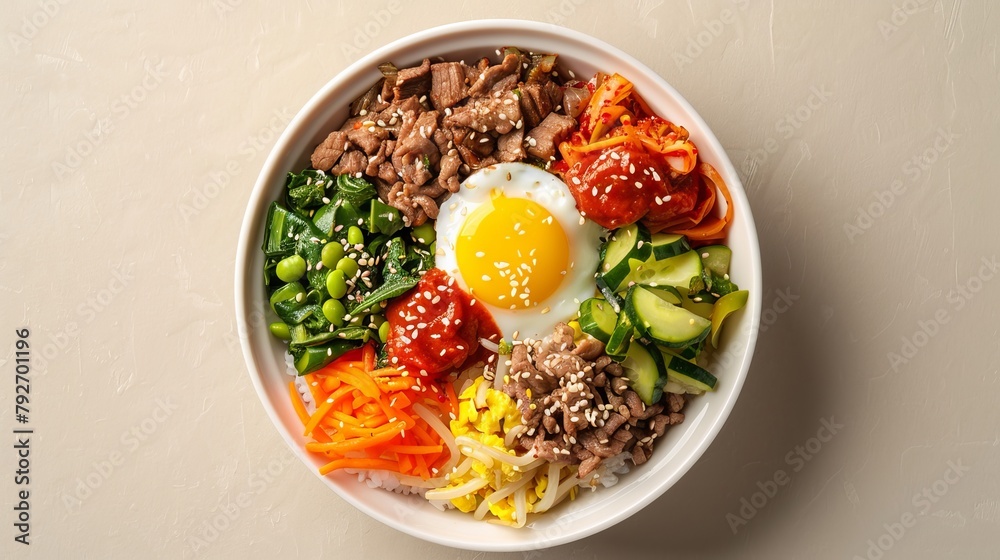 Delightful and colorful Bibimbap composition from above, mixed rice ...